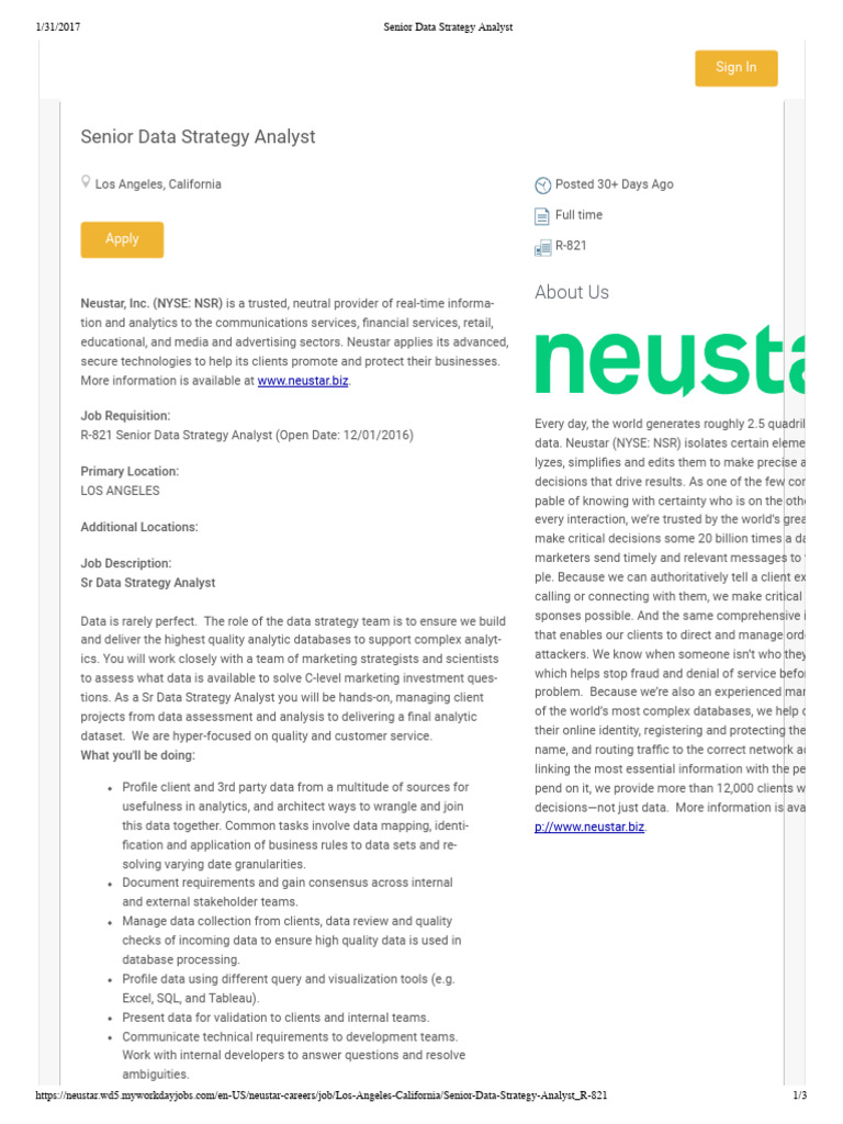 Neustar - Senior Data Strategy Analyst | PDF | Microsoft Excel | Data