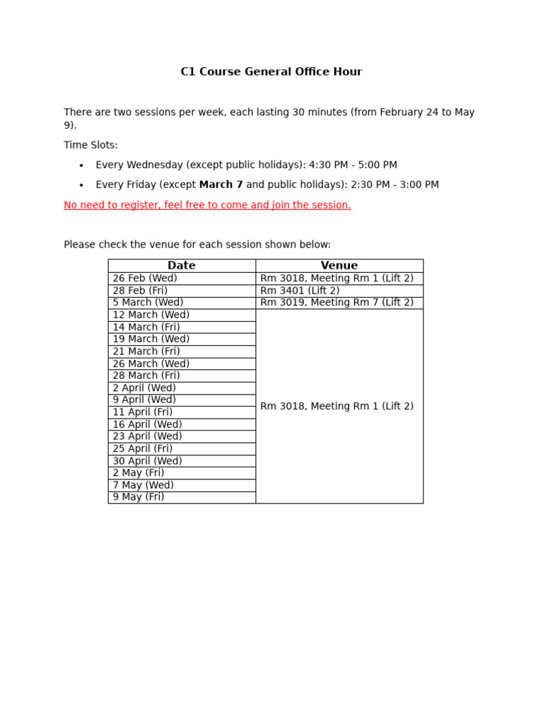 C1 Course Office Hours Schedule | PDF