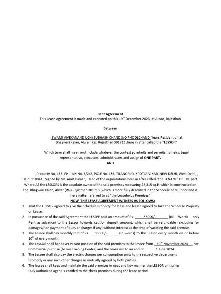 Lease Agreement for Training Centre | PDF | Lease | Landlord