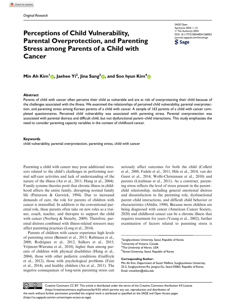 Kim Et Al 2024 Perceptions of Child Vulnerability Parental Overprotection and Parenting Stress ...