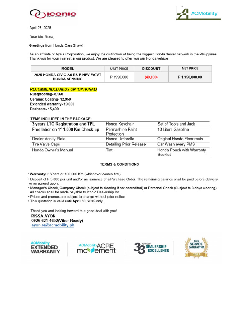 Honda Cars Shaw Quotation Fao Ms. Rona | PDF