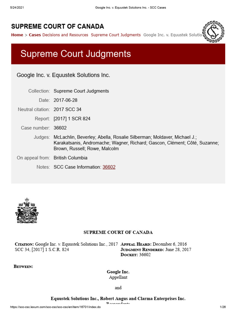 Google Inc. v. Equustek Solutions Inc. SCC Cases | PDF | Injunction | Legal Remedy