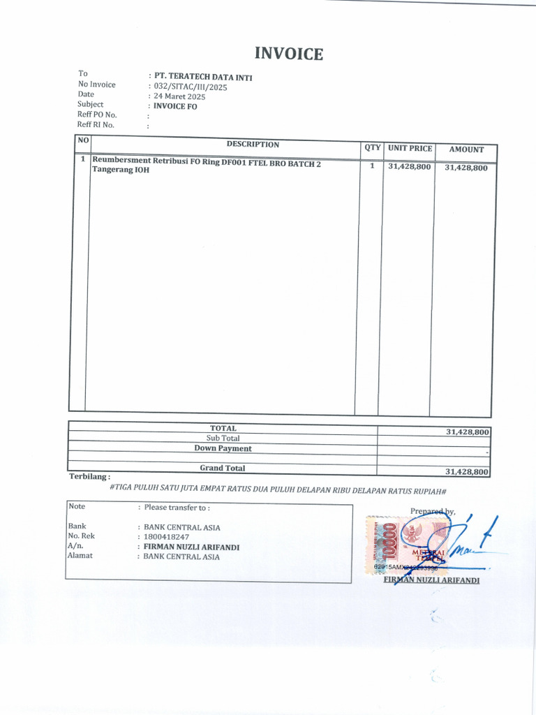 Invoice 032 Reumbers Fo Ioh Tangerang Kota | PDF