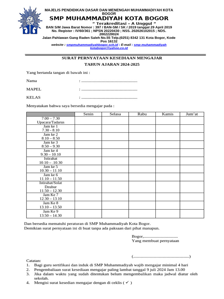 Surat Kesediaan Mengajar Muhammadiyah | PDF