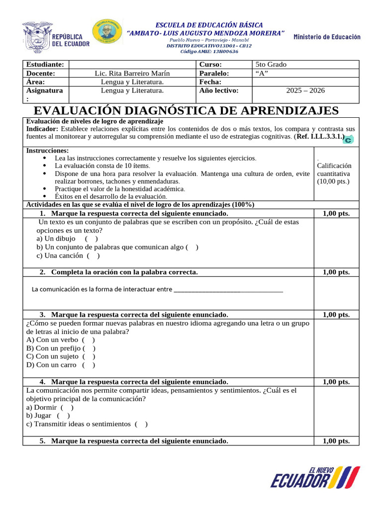 EVAL DIAGNÓSTICA DE APRENDIZAJES 5to MATEMATICAS | PDF | Palabra | Lingüística