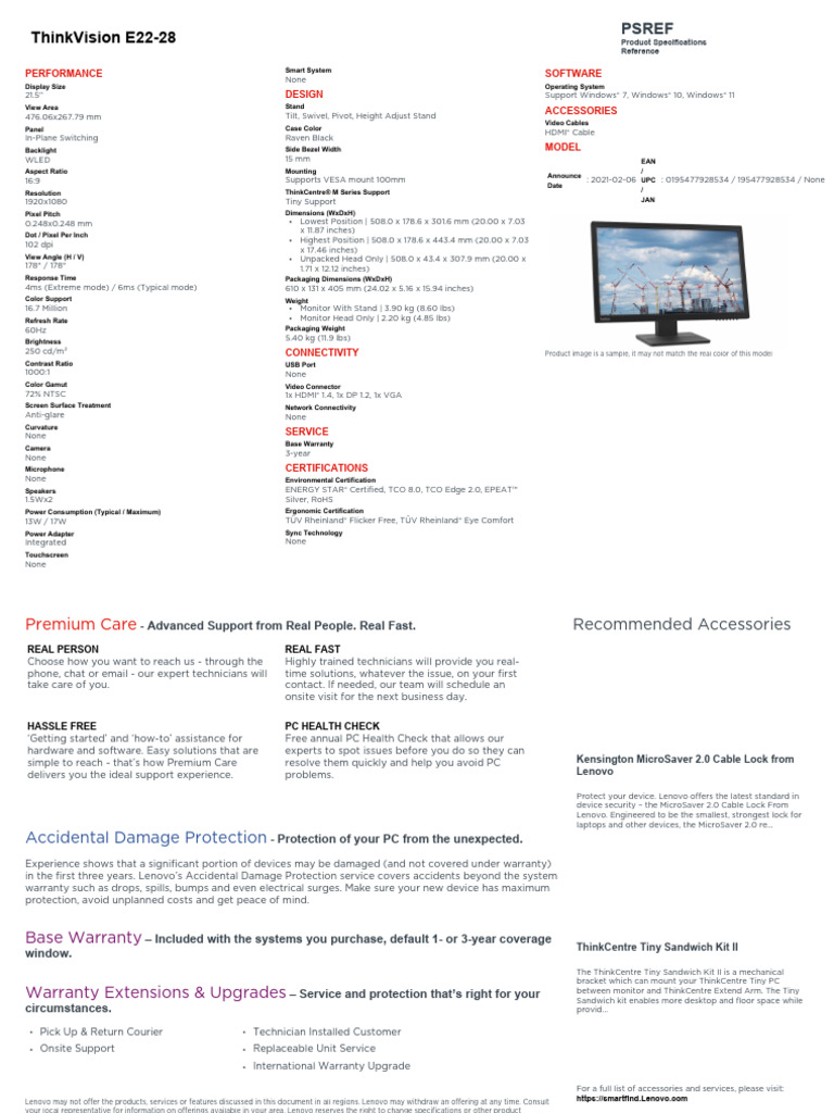 ThinkVision E22 28 62BAMAR4LA | PDF | Computer Monitor | Electronics