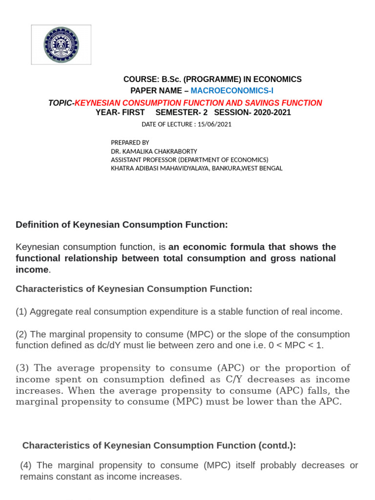 Keynesian Consumption Function | PDF | Consumption (Economics) | Economics