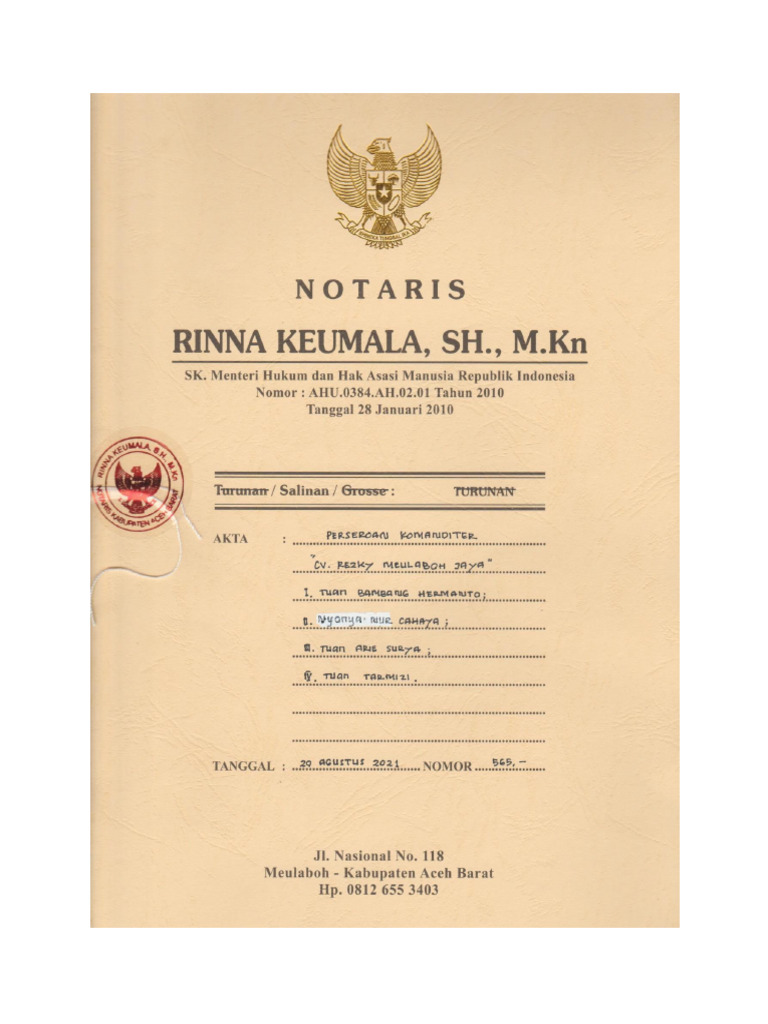 Cover Akta CV Rezky | PDF