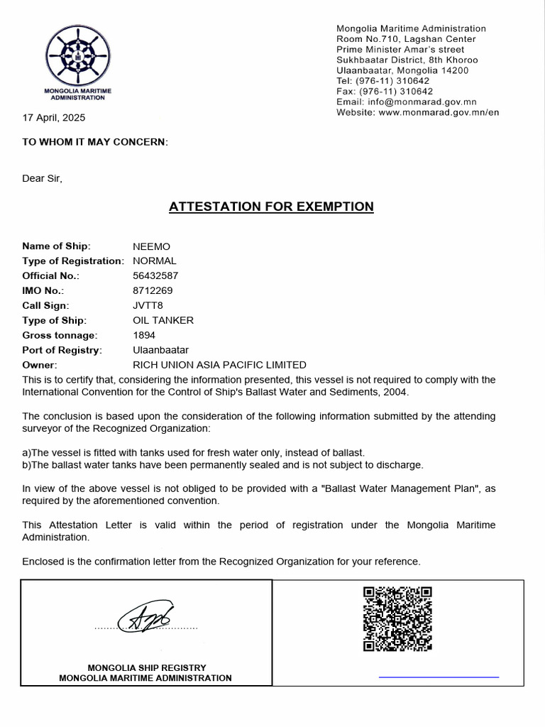 Attestation of Exemption for Oil Tanker | PDF | Ships | Freight Transport