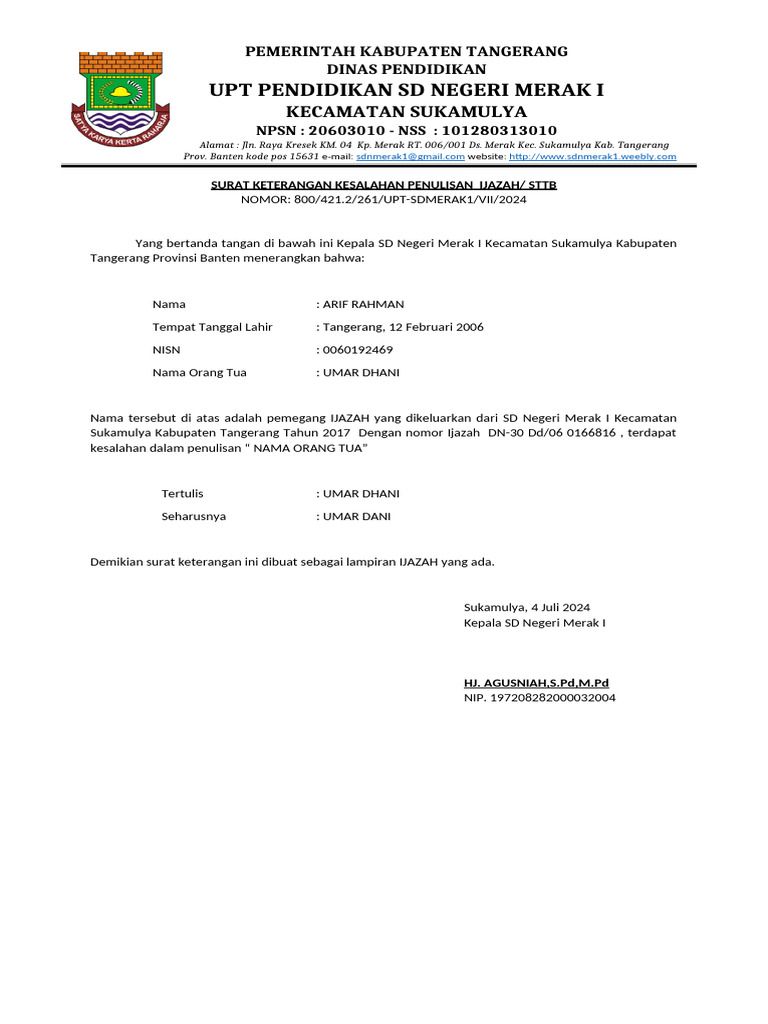 Surat Keterangan Kesalahan Penulisan Nama Izasah | PDF