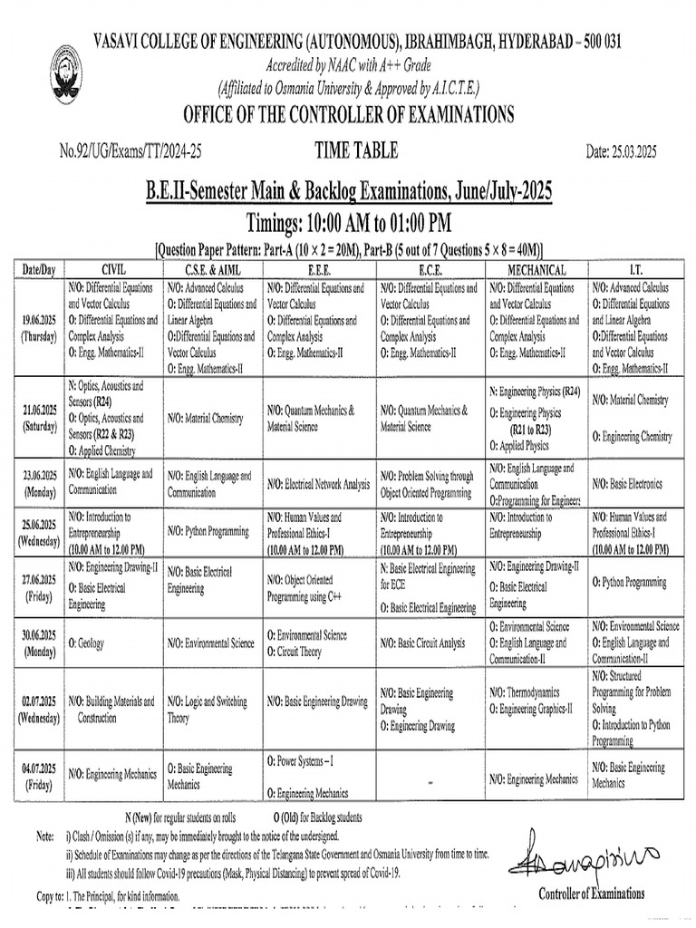 Timetables BE II IV VI VIII Sem Main Backlog Exams 25-03-2025 | PDF
