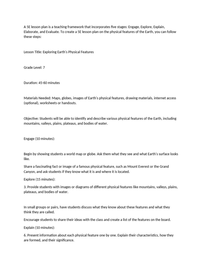 5E Lesson Plan: Earth's Physical Features | PDF | Lesson Plan | Earth ...
