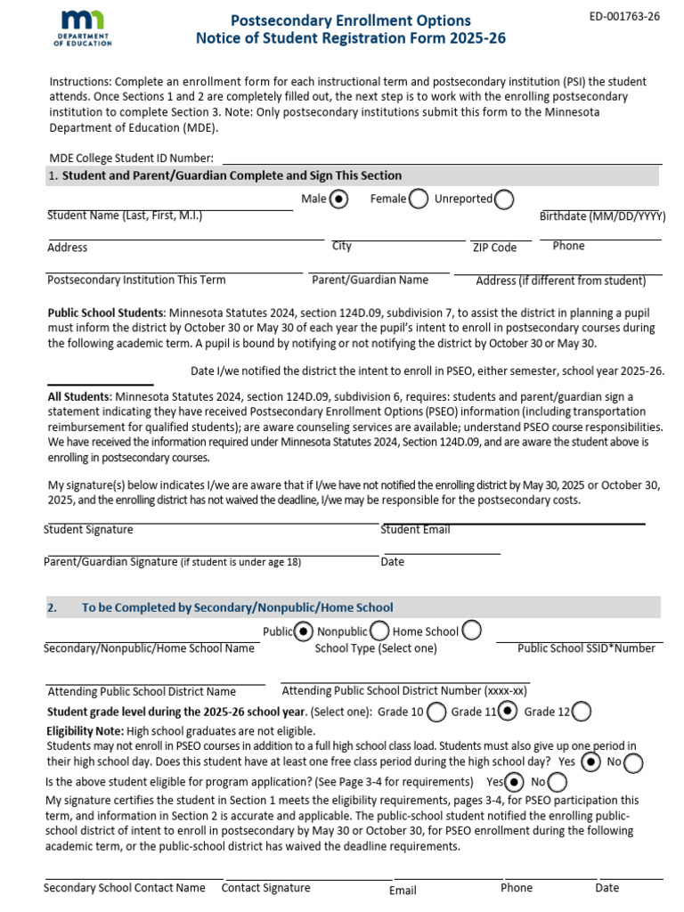 Postsecondary Enrollment Options Notice of Student Registration Form 2025-26 | PDF | Vocational ...
