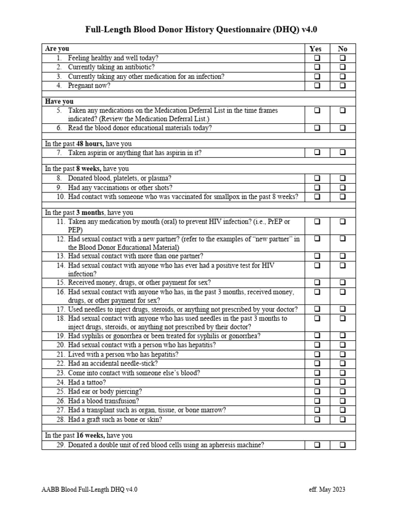 Blood Donor History Questionnaire v4.0 | PDF | Blood Donation | Public ...