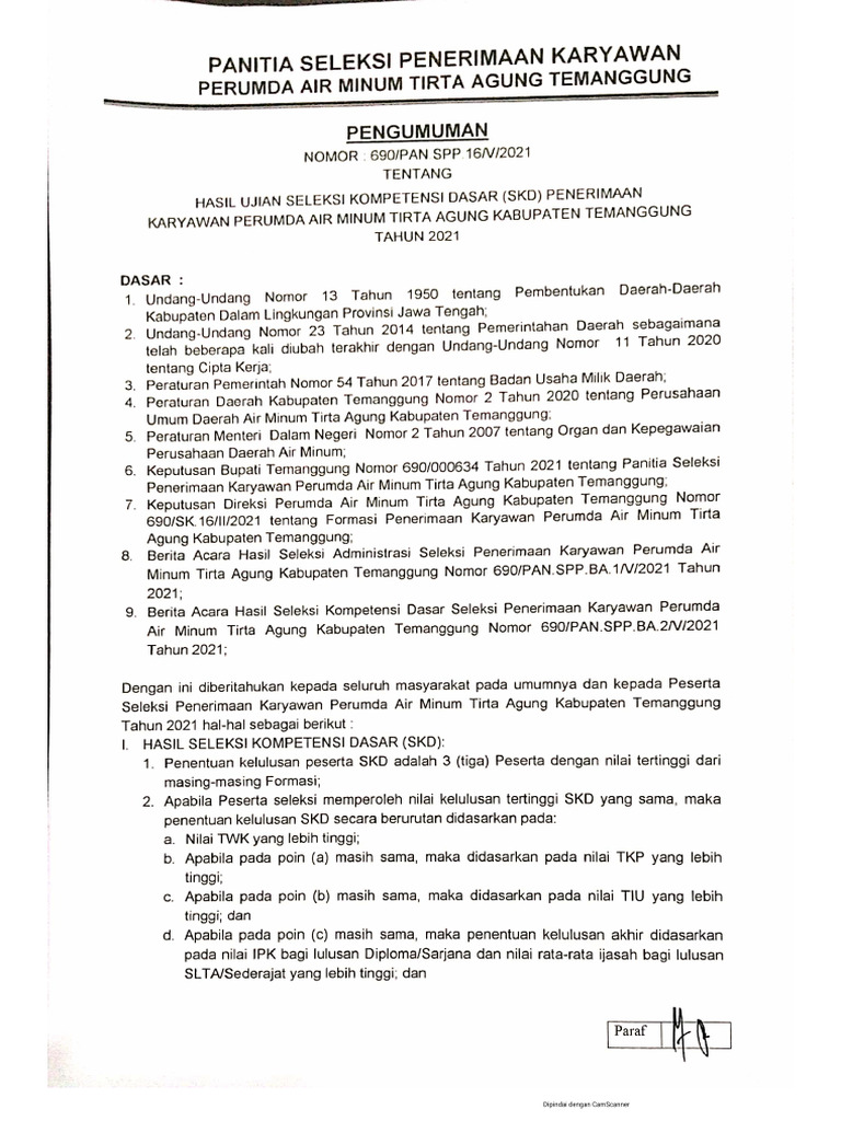 Pengumuman Hasil SKD Dan Jadwal SKB | PDF