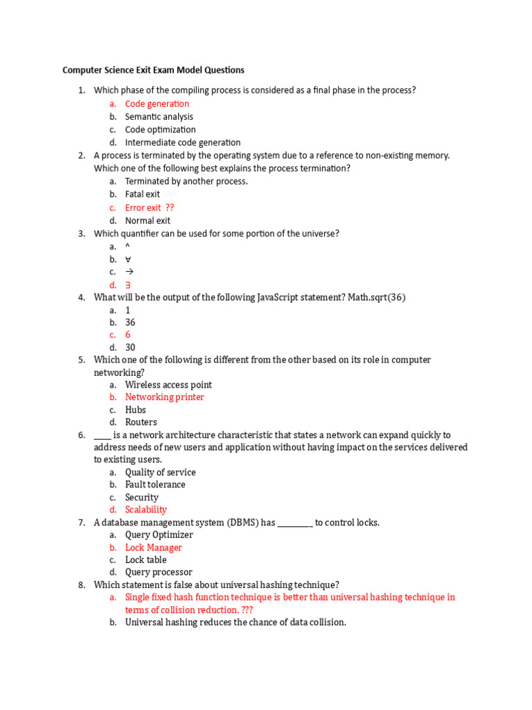 Computer Science Exit Exam Model Questions | PDF | Computer Network ...