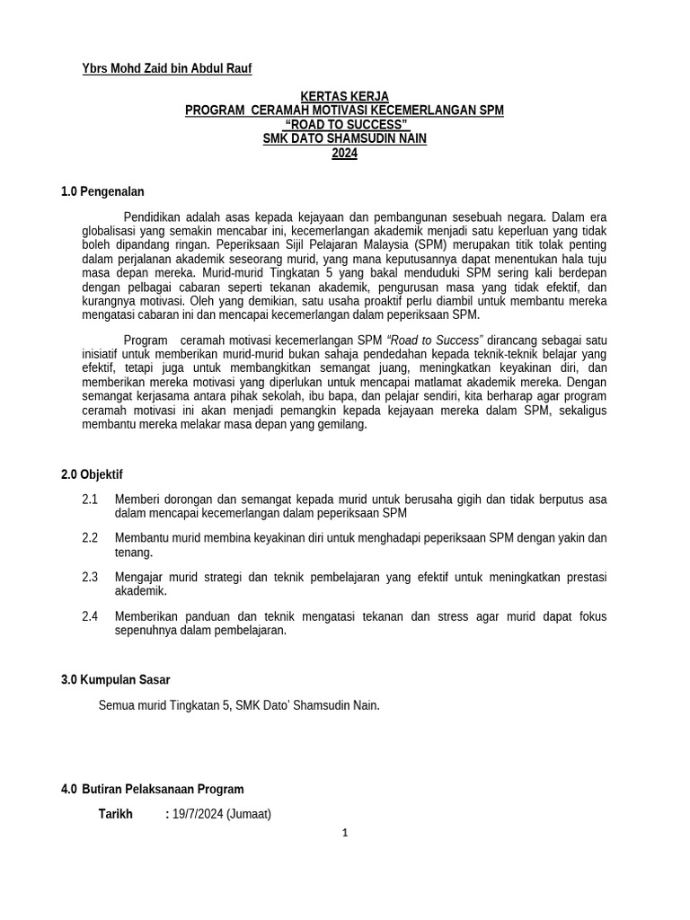 Kertas Kerja Program Motivasi Kecemerlangan SPM 2024 | PDF