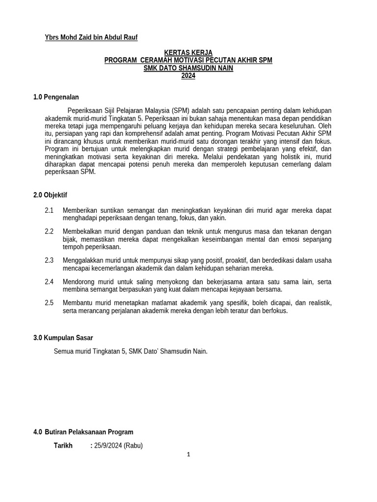 Kertas Kerja Program Motivasi Pecutan Akhir SPM 2024 | PDF