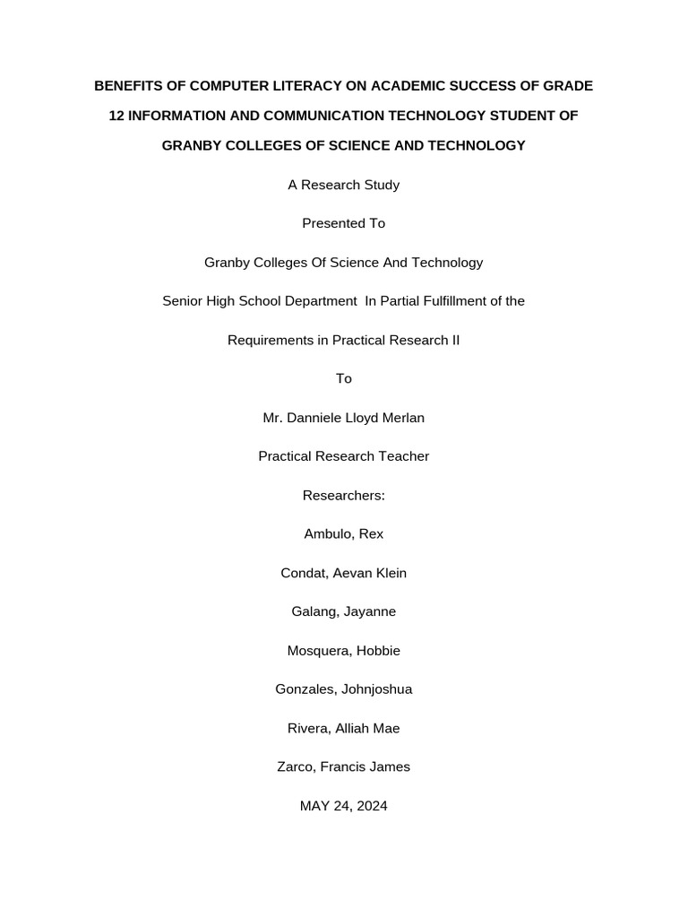 Benefits of Computer Literacy On Academic Success of Grade 12 ...