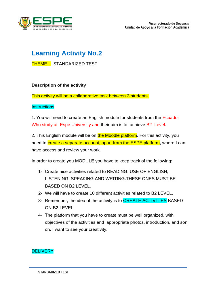 Learning Activity 2 Standarized Test | PDF