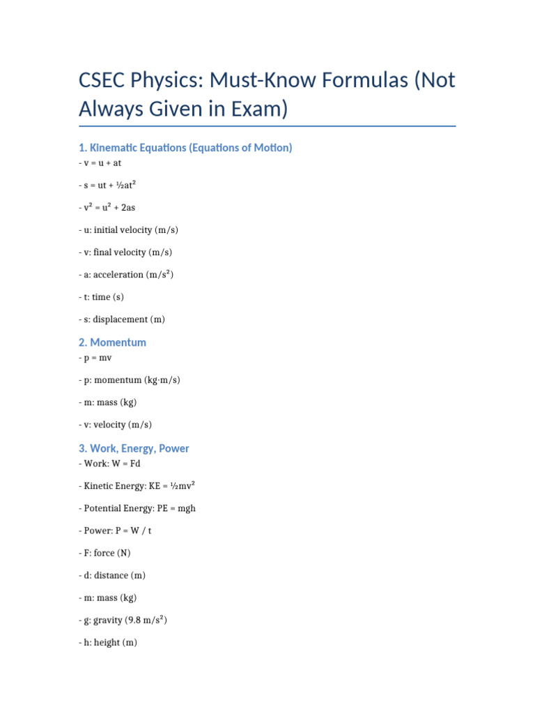 CSEC_Physics_Must_Know_Formulas | PDF