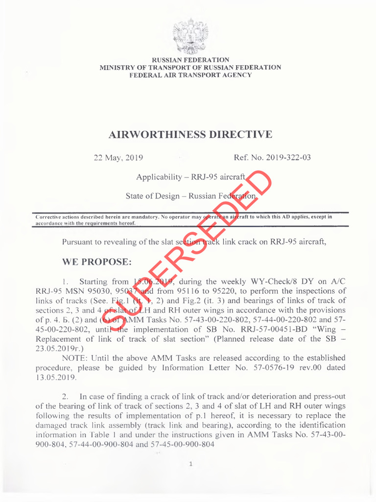 AIRWORTHINESS DIRECTIVE RRJ-95 Aircraft | PDF | Justice | Crime & Violence