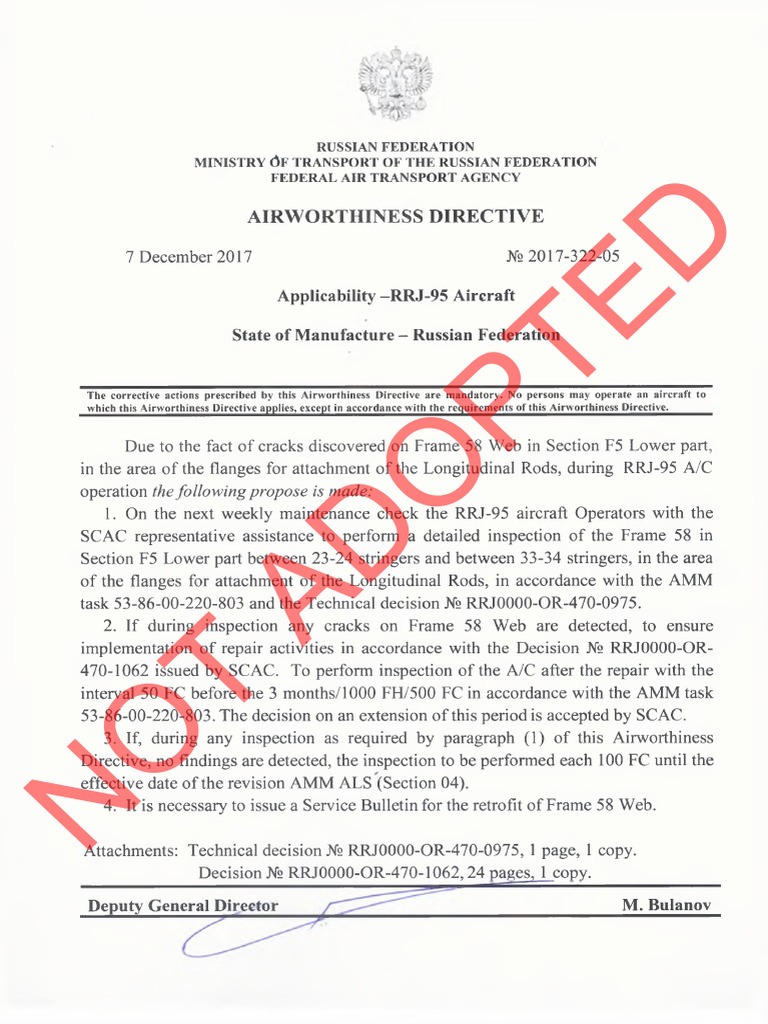 AIRWORTHINESS DIRECTIVE RRJ-95 Aircraft NOT ADOPTED | PDF