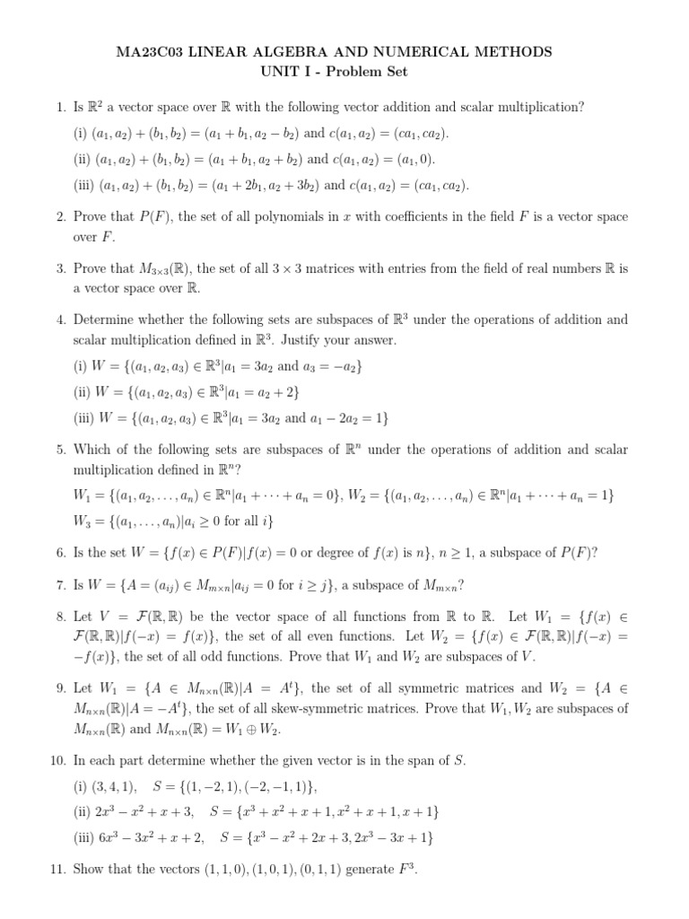 MA23C03 Unit I Problemset | PDF | Scalar (Mathematics) | Vector Space