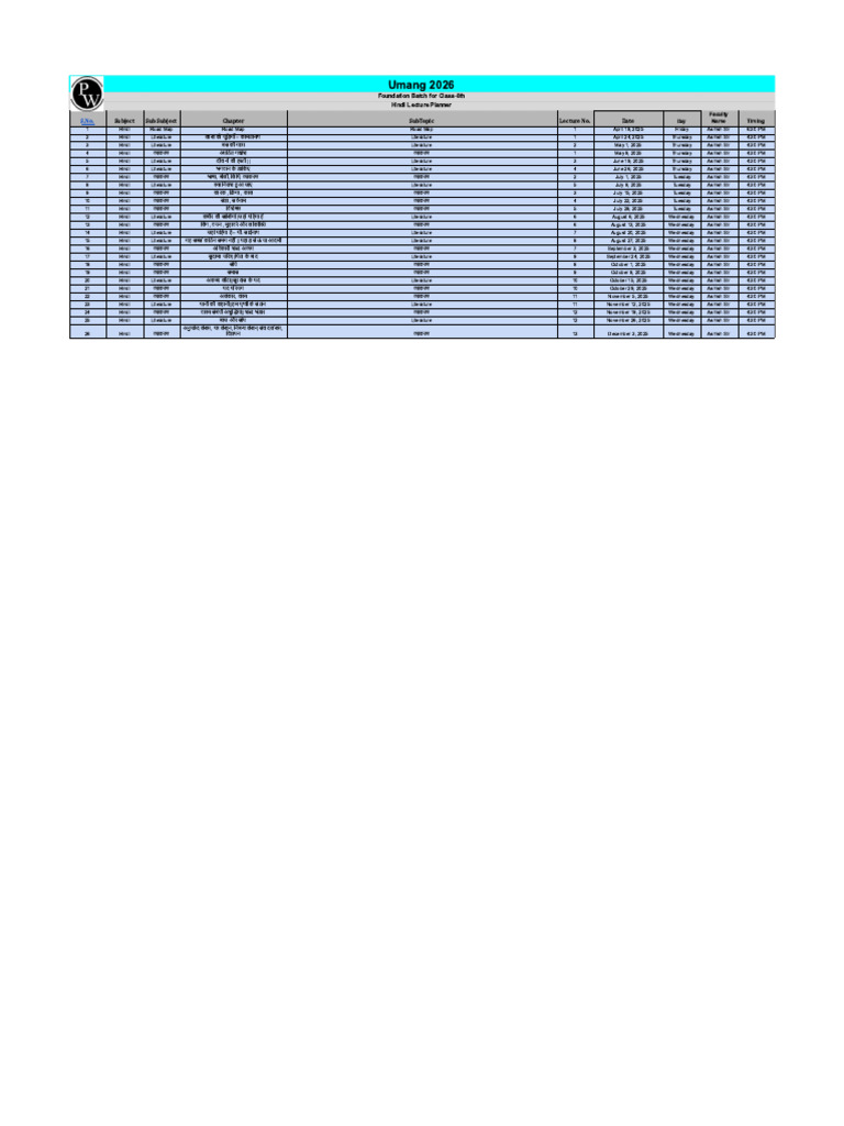 Lecture Planner (Hindi) __ Umang 2026 (Class 8th) | PDF