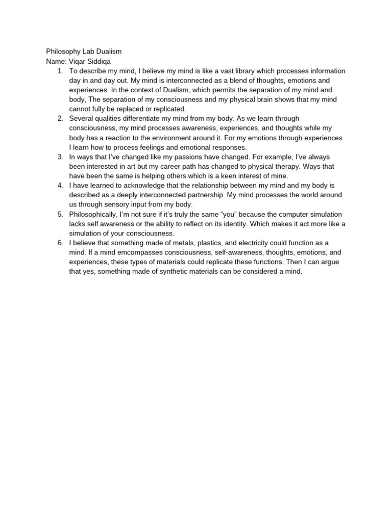Philosophy Lab Dualism | PDF