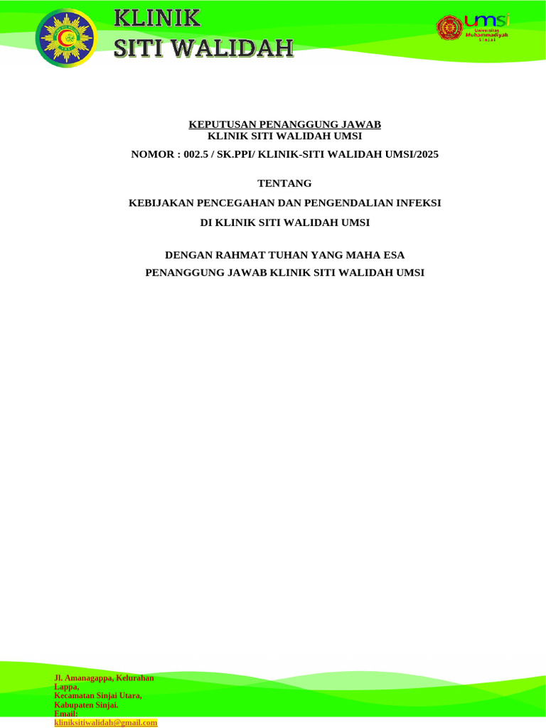 Kebijakan Pengendalian Infeksi Klinik Siti Walidah | PDF
