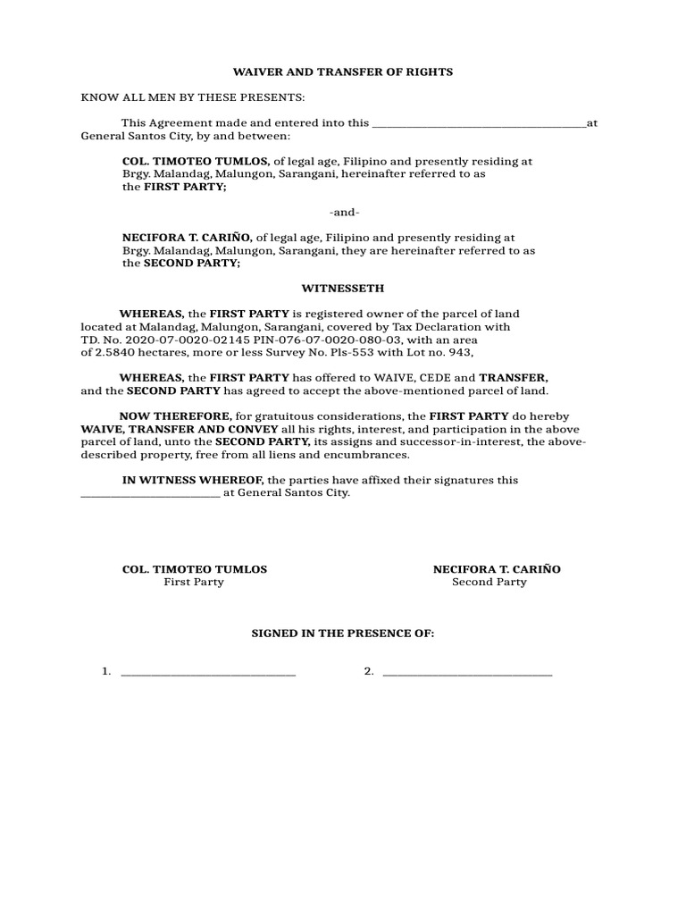 Waiver and Transfer of Land Rights | PDF