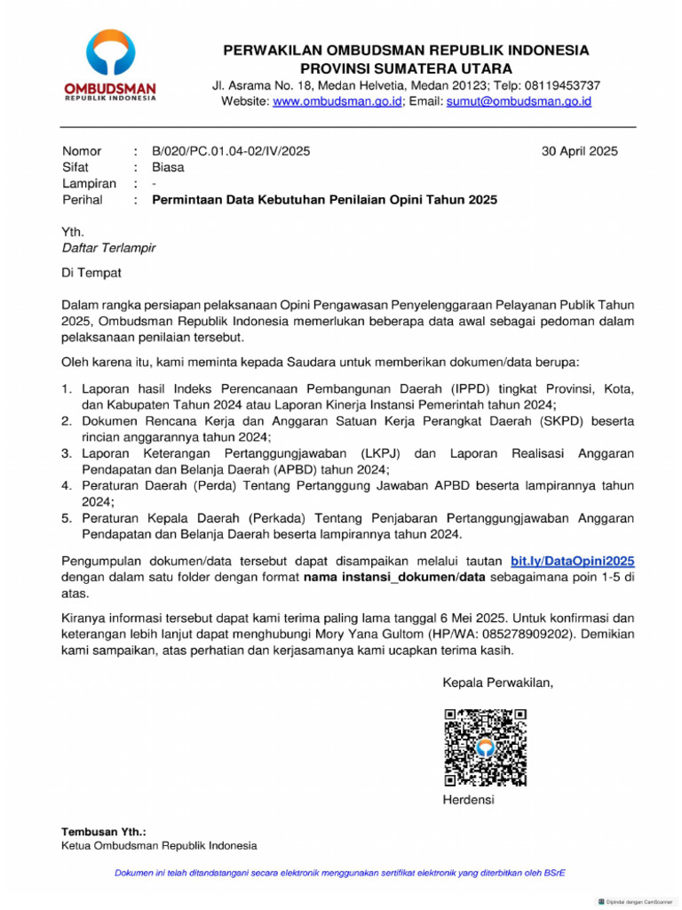 Permintaan Data Bappeda | PDF