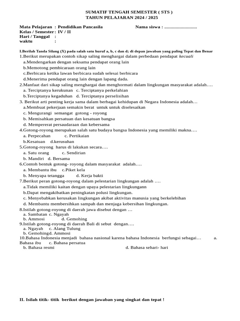 SOAL, KUNCI JAWABAN, DAN KISI - KISI STS PENDIDIKAN PANCASILA | PDF