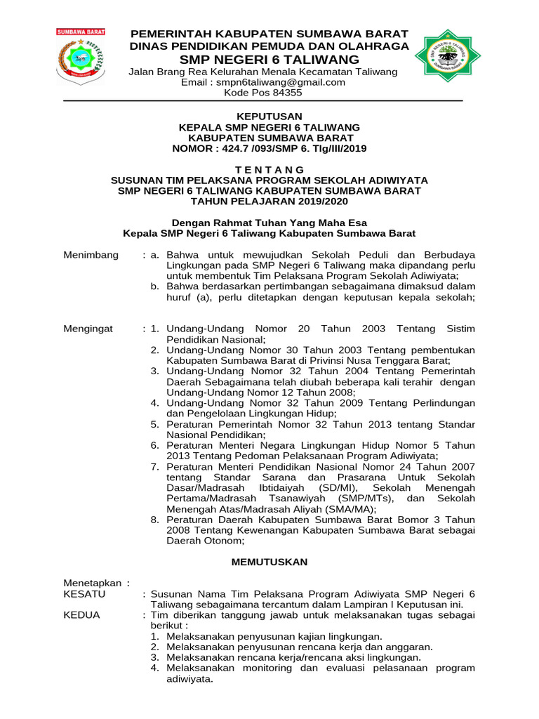 SK - Tim Adiwiyata Baru 2019-2020 | PDF