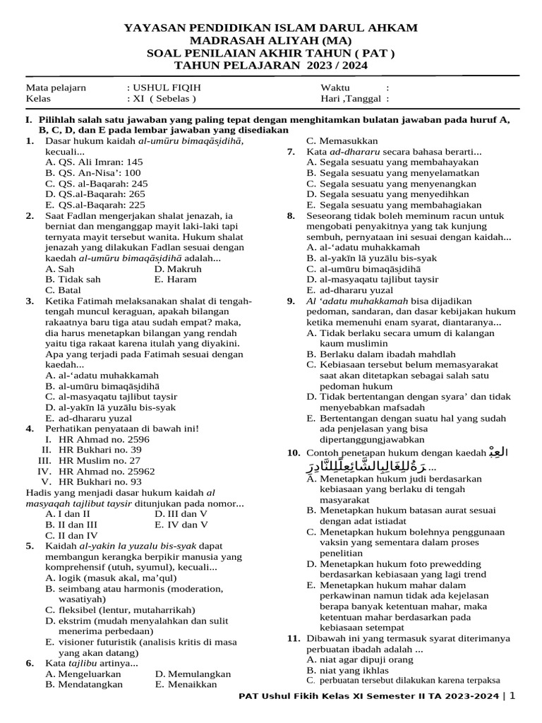 Soal Ushul Fikih Kelas Xi Sem 2 New | PDF
