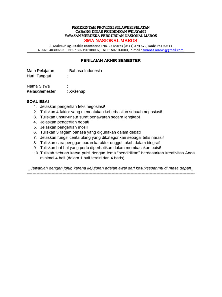 Soal Penilaian Akhir Semester Bahasa Indonesia dan Prakarya | PDF