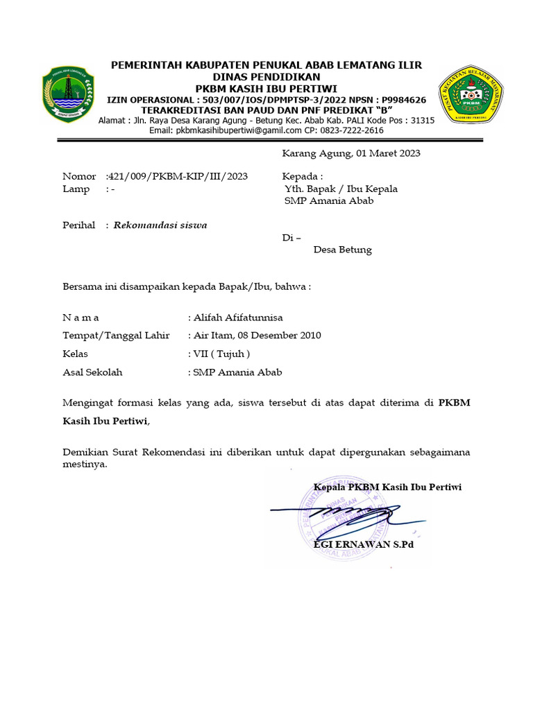 Surat Rekomendasi Alfah | PDF
