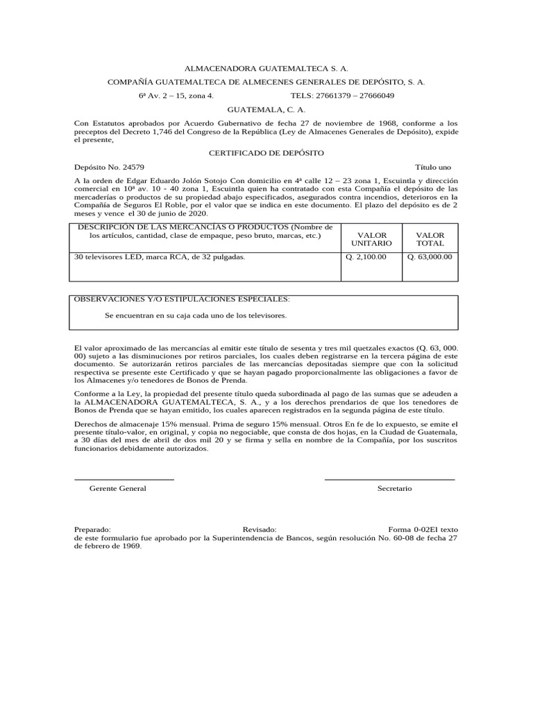 Ejemplo de Bono de Prenda y Certificado | PDF | Guatemala | Servicios ...