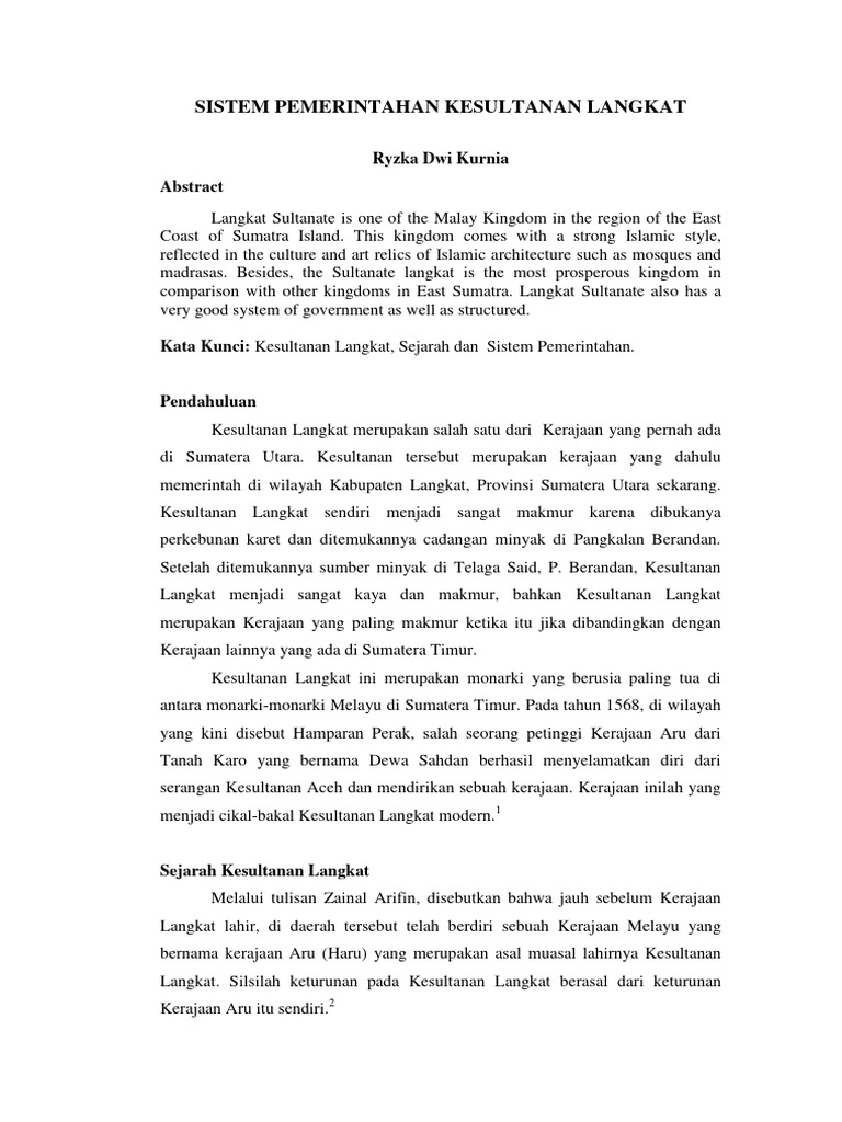 Sistem Pemerintahan Kesultanan Langkat | PDF