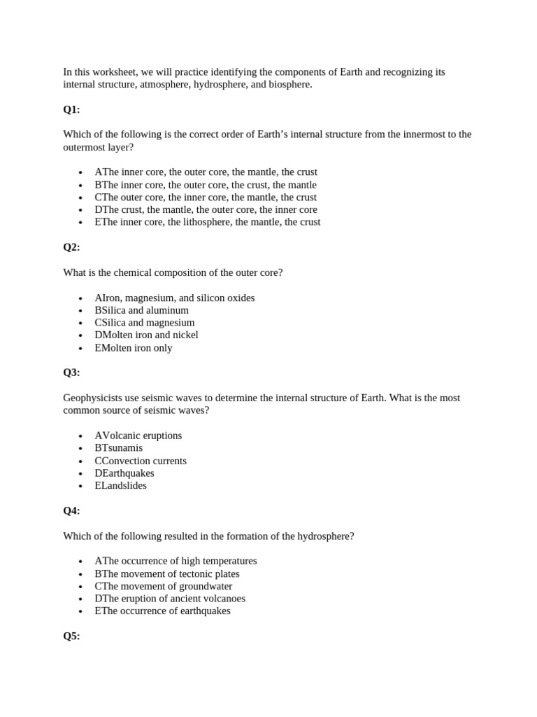 Earth’s Structure and Components Quiz | PDF | Earth | Terrestrial Planets