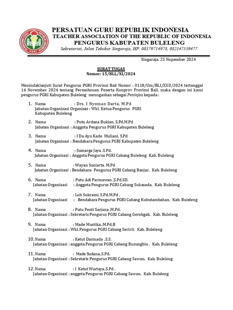 Surat Tugas Peninjau Pgri | PDF