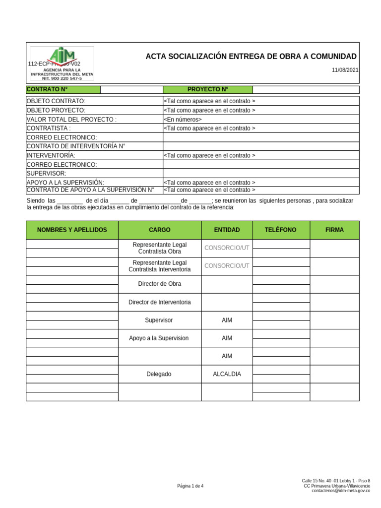 112-Ecp-Fr-036 Acta Socialización Entrega de Obra A Comunidad | PDF
