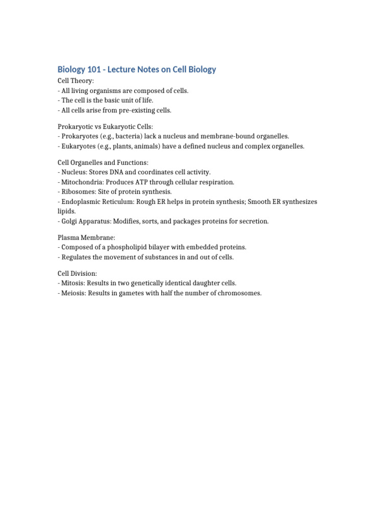 Cell Biology Class Notes Prof Shwarts Eine Notes | PDF