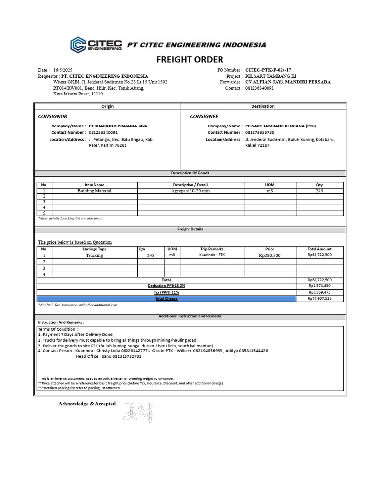 Freight Order for Building Materials | PDF | Business