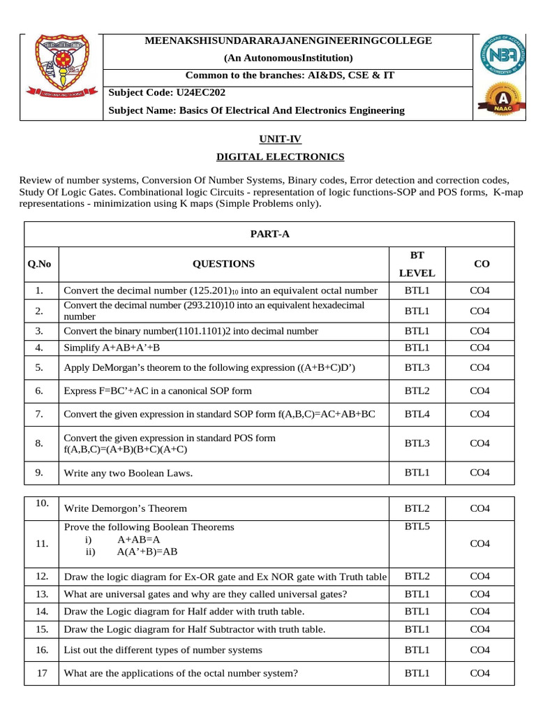 U24EC202 BEEE QB UNIT 4 Digital Electronics | PDF | Boolean Algebra | Teaching Mathematics
