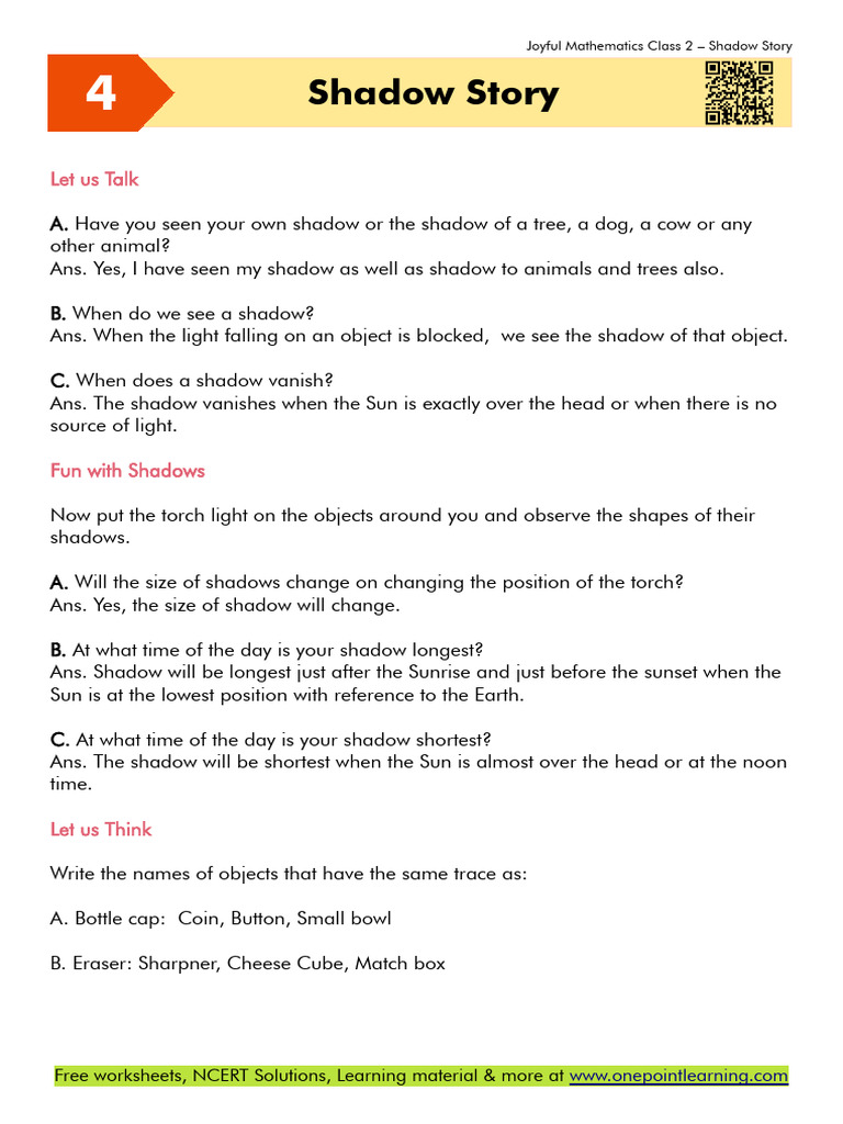 Joyful Mathematics Class 2 Solutions Chapter 4 Shadow | PDF | Shadow