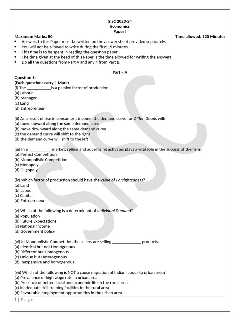 SISC 2023-24 Economics Paper I Guide | PDF | Demand | Supply (Economics)