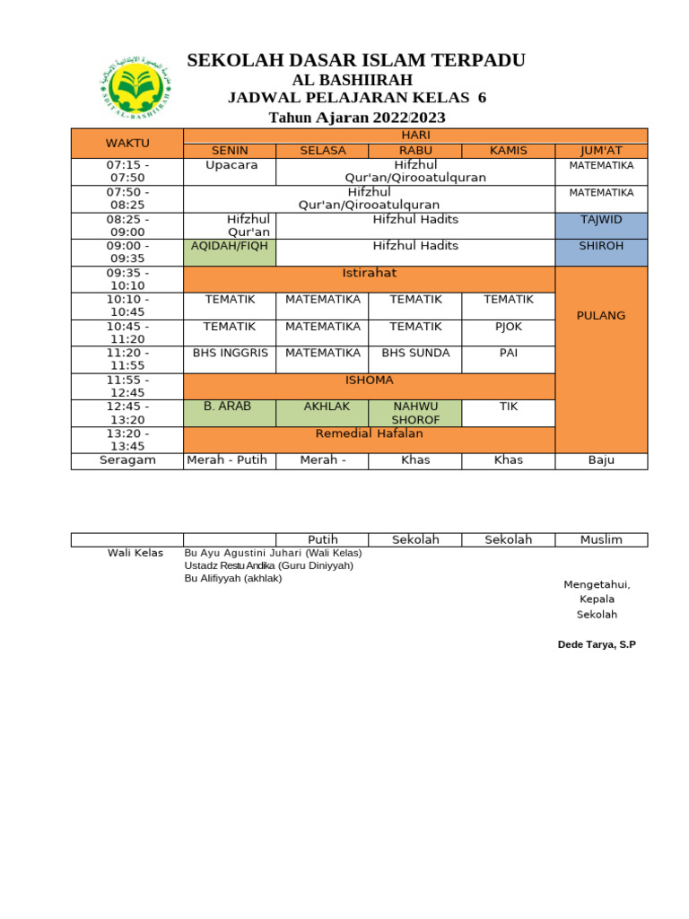 Jadwal Pelajaran Kelas 6 2022-2023 | PDF