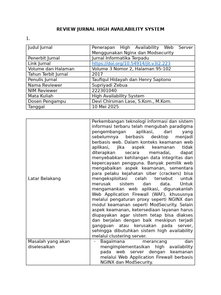 REVIEW JURNAL HIGH AVAILABILITY SYSTEM | PDF